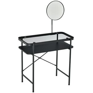 homcom modern glasstop vanity table with mirror, makeup dressing table with rotating round mirror, shelves for perfumes, cosmetics, lotions, black