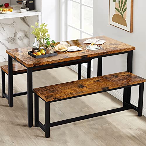 Recaceik Dining Table Set for 4, Kitchen Table Set with 2 Benches, 3 Piece Dining Room Table Set, Modern Wood Kitchen Table and Chairs for Small Spaces, Kitchen,Dining Room, Restaurant, Rustic Brown