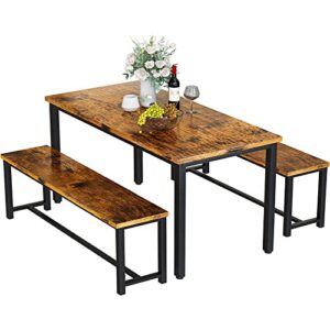 Recaceik Dining Table Set for 4, Kitchen Table Set with 2 Benches, 3 Piece Dining Room Table Set, Modern Wood Kitchen Table and Chairs for Small Spaces, Kitchen,Dining Room, Restaurant, Rustic Brown