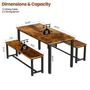 Recaceik Dining Table Set for 4, Kitchen Table Set with 2 Benches, 3 Piece Dining Room Table Set, Modern Wood Kitchen Table and Chairs for Small Spaces, Kitchen,Dining Room, Restaurant, Rustic Brown