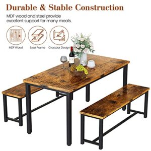 Recaceik Dining Table Set for 4, Kitchen Table Set with 2 Benches, 3 Piece Dining Room Table Set, Modern Wood Kitchen Table and Chairs for Small Spaces, Kitchen,Dining Room, Restaurant, Rustic Brown