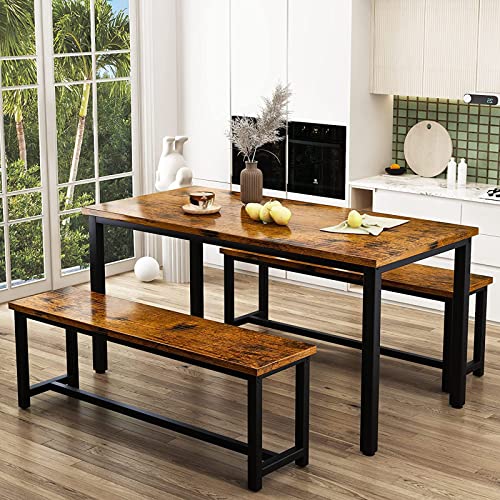 Recaceik Dining Table Set for 4, Kitchen Table Set with 2 Benches, 3 Piece Dining Room Table Set, Modern Wood Kitchen Table and Chairs for Small Spaces, Kitchen,Dining Room, Restaurant, Rustic Brown