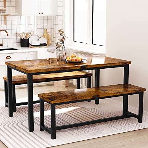 Recaceik Dining Table Set for 4, Kitchen Table Set with 2 Benches, 3 Piece Dining Room Table Set, Modern Wood Kitchen Table and Chairs for Small Spaces, Kitchen,Dining Room, Restaurant, Rustic Brown