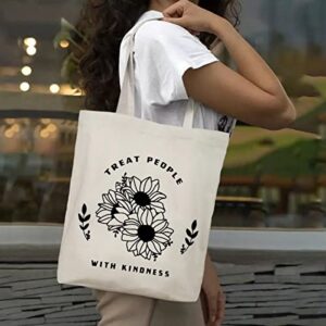 SAUIVD Treat People With Kindness Canvas Tote Bags Gift Sunflower Cotton Shopping Bags Reusable Washable