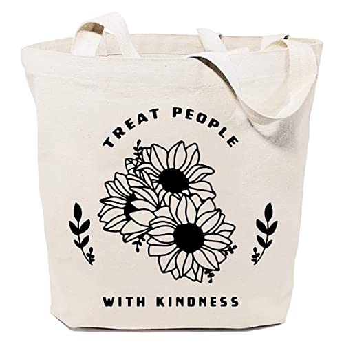 SAUIVD Treat People With Kindness Canvas Tote Bags Gift Sunflower Cotton Shopping Bags Reusable Washable