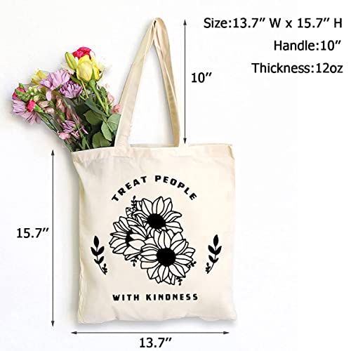 SAUIVD Treat People With Kindness Canvas Tote Bags Gift Sunflower Cotton Shopping Bags Reusable Washable