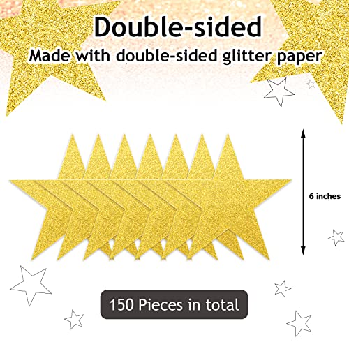 150 Pcs Glitter Five Stars Paper Confetti Wedding Party Decor Star Cutouts Confetti Stars Small Stars for Bulletin Board Shimmer Stars Accents for Classroom Wall Decor, 6 Inches (Gold)