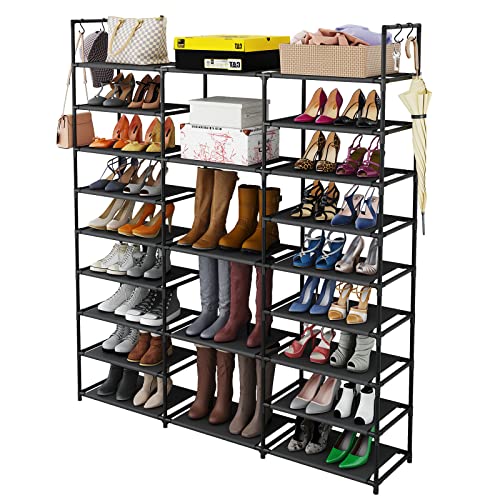 Kottwca Shoe Rack Organizer, Large Shoe Rack for Entryway Closet, Metal Shoe Shelf for Shoes and Boots, Big Non-Woven Fabric Shoe Storage Organizer with Hooks for Cloakroom, Black