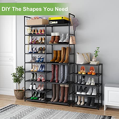 Kottwca Shoe Rack Organizer, Large Shoe Rack for Entryway Closet, Metal Shoe Shelf for Shoes and Boots, Big Non-Woven Fabric Shoe Storage Organizer with Hooks for Cloakroom, Black