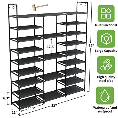 Kottwca Shoe Rack Organizer, Large Shoe Rack for Entryway Closet, Metal Shoe Shelf for Shoes and Boots, Big Non-Woven Fabric Shoe Storage Organizer with Hooks for Cloakroom, Black