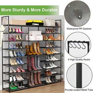 Kottwca Shoe Rack Organizer, Large Shoe Rack for Entryway Closet, Metal Shoe Shelf for Shoes and Boots, Big Non-Woven Fabric Shoe Storage Organizer with Hooks for Cloakroom, Black