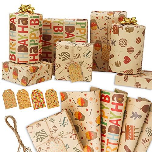 ZHULUOJI Kraft Wrapping Paper Birthday 8 Sheets Recyclable Wrapping Paper with 4 Gift Tags, Folded Flat Gift Wrap Paper Set, 19.7 in x 27.6 in Per Sheet