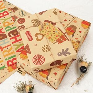 ZHULUOJI Kraft Wrapping Paper Birthday 8 Sheets Recyclable Wrapping Paper with 4 Gift Tags, Folded Flat Gift Wrap Paper Set, 19.7 in x 27.6 in Per Sheet