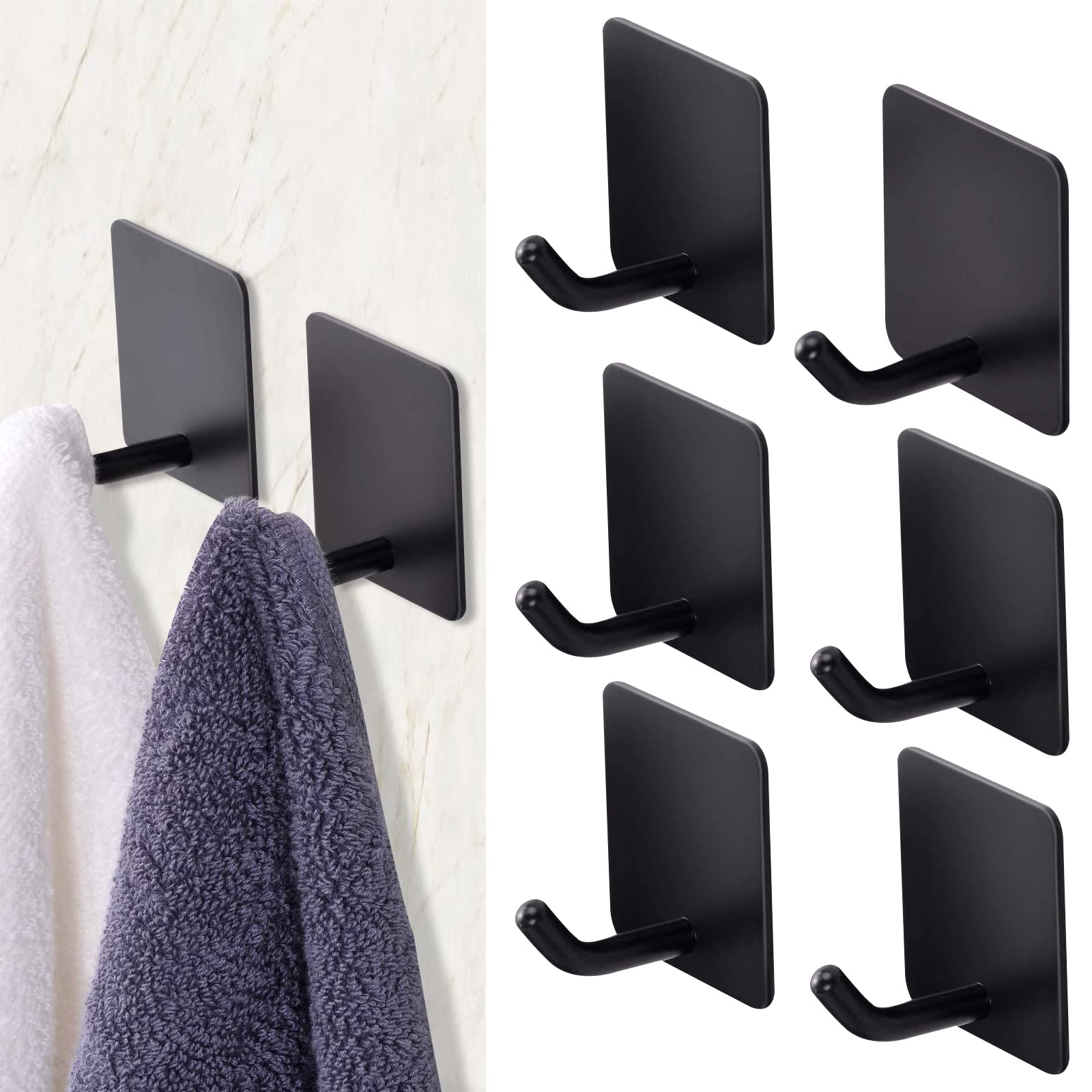 FuriTou 6 Pack Adhesive Hooks for Hanging Towel Hooks for Wall Heavy Duty Door Robe Hooks for Bathrooms Black