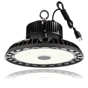 obullights super bright led high bay light 150w 22500lm 5000k, led ufo light fixture, 100-277v, ul us plug 5' cable, alternative to 600w mh/hps for warehouse shop garage barn factory, ip65