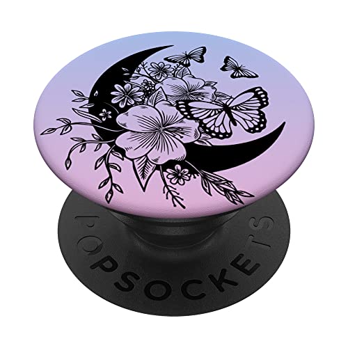 Violet Lavender Ombre Black Butterfly Crescent Moon Flower PopSockets Swappable PopGrip