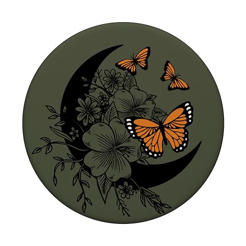 Dark Olive Green Monarch Butterfly Moon Flower PopSockets Standard PopGrip