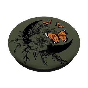 Dark Olive Green Monarch Butterfly Moon Flower PopSockets Standard PopGrip