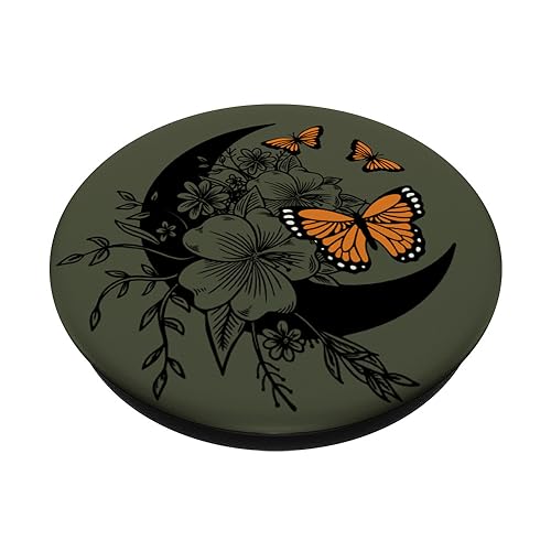 Dark Olive Green Monarch Butterfly Moon Flower PopSockets Standard PopGrip