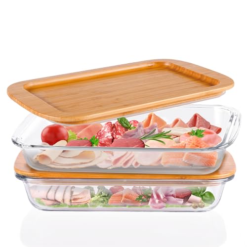 Grünhirsch Glass Food Storage Containers with Bamboo Lids - (2 Pack, 54 Oz) Beautiful Stackable Wooden Lids Eco-Friendly Airtight Meal Prep | BPA-Free