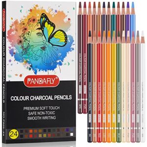 pandafly professional colored charcoal pencils drawing set, skin tone colored pencils, pastel chalk pencils for sketching, shading, coloring, layering & blending, 24 colors