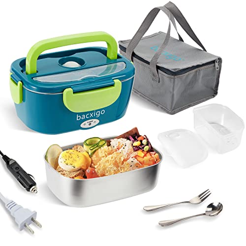 bacxigo Electric Lunch Box Food Heater 2-In-1 Portable Food Warmer for Car & Home,Leak Proof,2 Compartments Removable 304 Stainless Steel Container,SS fork & spoon and Carry Bag (green)