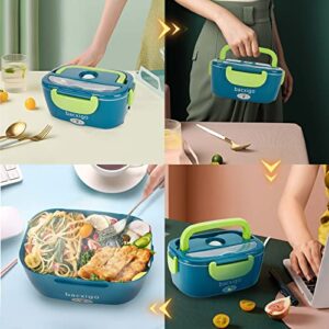 bacxigo Electric Lunch Box Food Heater 2-In-1 Portable Food Warmer for Car & Home,Leak Proof,2 Compartments Removable 304 Stainless Steel Container,SS fork & spoon and Carry Bag (green)