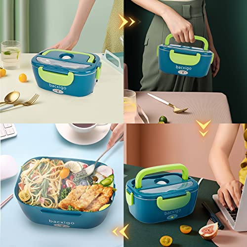 bacxigo Electric Lunch Box Food Heater 2-In-1 Portable Food Warmer for Car & Home,Leak Proof,2 Compartments Removable 304 Stainless Steel Container,SS fork & spoon and Carry Bag (green)