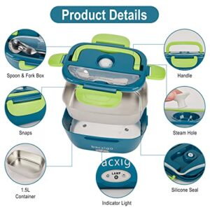 bacxigo Electric Lunch Box Food Heater 2-In-1 Portable Food Warmer for Car & Home,Leak Proof,2 Compartments Removable 304 Stainless Steel Container,SS fork & spoon and Carry Bag (green)