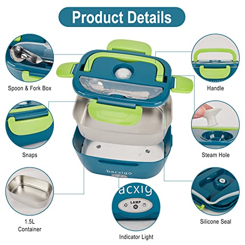 bacxigo Electric Lunch Box Food Heater 2-In-1 Portable Food Warmer for Car & Home,Leak Proof,2 Compartments Removable 304 Stainless Steel Container,SS fork & spoon and Carry Bag (green)