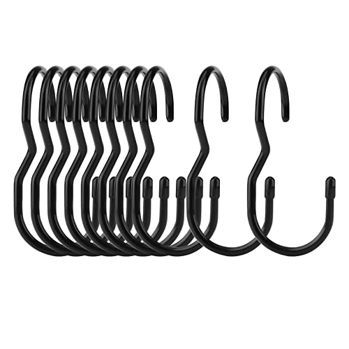 SAVITA 10pcs Purse Hooks for Closet, Heavy Duty Black S Hooks for Hanging Clothes in a Closet Handbags Twist Design with Rubber Stopper for Living Room Kitchen Bathroom S Hooks Rod (Black)