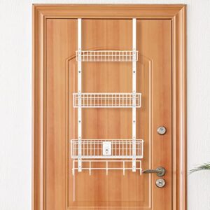 over the door basket organizer 3 tier hanging kitchen storage rack heavy duty pantry organizer with 3 basket and 5 hooks door back metal wire basket for kitchen, bathroom, office, white