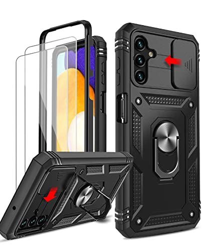 LeYi for Galaxy A13 5G / A04s Case: Slide Camera Cover + [2 Pcs] Tempered Glass, for 360 Military-Grade with Kickstand, Black