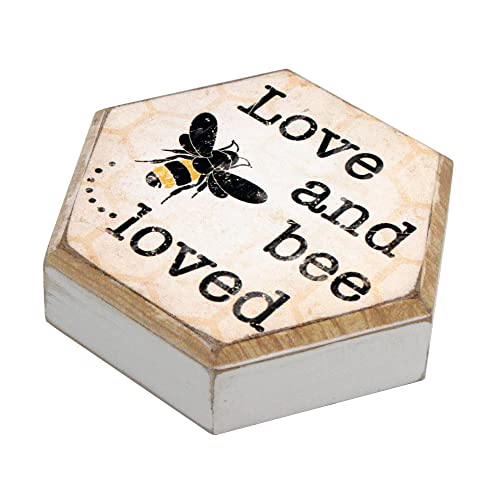 Tstarer Rustic Bee Wood Hexagon Box Sign for Wall & Tabletop - Love and Bee-loved -6.4 x 5.5 in(BEE LOVED)