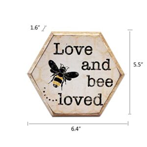 Tstarer Rustic Bee Wood Hexagon Box Sign for Wall & Tabletop - Love and Bee-loved -6.4 x 5.5 in(BEE LOVED)