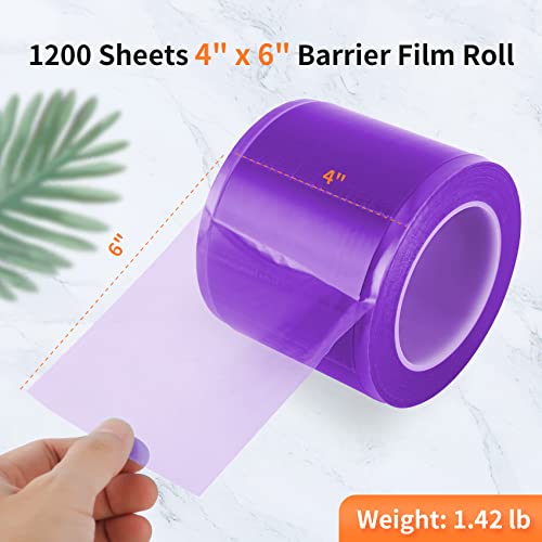 Annhua Barrier Film for Dental Barrier Tape Tattoo Tape 4" x 6" Disposable Barrier Sheets with Edge Dispenser Box, Disposable Plastic Perforated Sheets Film Dressing - 1200 Sheets|1 Roll - Purple