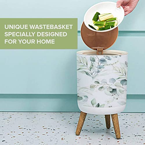 Small Trash Can with Lid Seamless watercolor floral pattern green leaves and branches Garbage Bin Round Waste Bin Press Cover Dog Proof Wastebasket for Kitchen Bathroom Living Room 1.8 Gallon