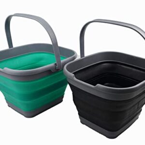 SAMMART 10L (2.6 Gallon) Set of 2 Collapsible Rectangular Handy Basket/Bucket (Bluish-Green + Black, 2)