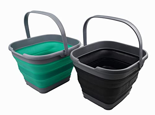 SAMMART 10L (2.6 Gallon) Set of 2 Collapsible Rectangular Handy Basket/Bucket (Bluish-Green + Black, 2)