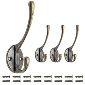 bonsicoky 4 pcs farmhouse wall mounted coat hooks, decorative heavy duty double-hook wall hooks with screws for coats bags hats towels - black