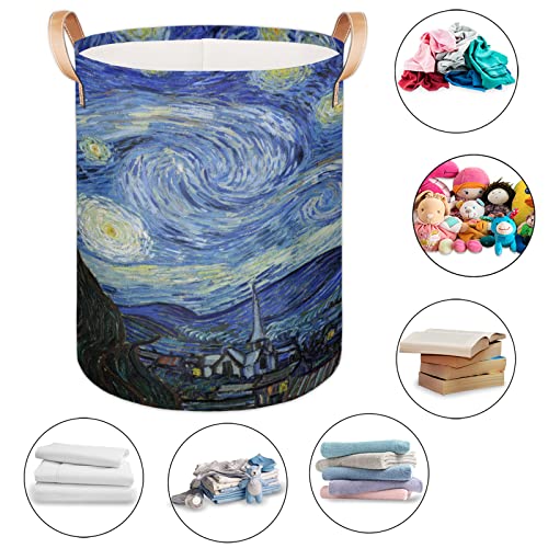 Starry Night Large Laundry Hamper, Laundry Baskets with Leather Handle, Collapsible Waterproof Portable Folding Clothes Hamper for Nursery, College Dorm, Bedroon, Bathroom