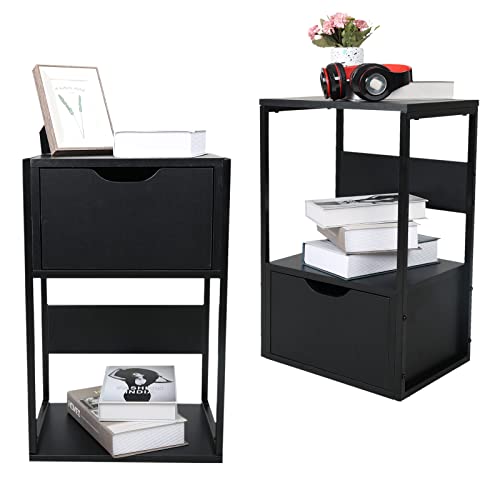 ELECWISH Nightstand Set of 2, Side Table with Flip Drawer Storage, Modern Style End Table with Wooden Top Use for Bedroom Office, Black