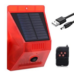 waytronic solar strobe alarm light with motion detector with remote control ip65 waterproof 129db sound security alarm light 24 hours + night mode for yard, home, farm, villa, barn