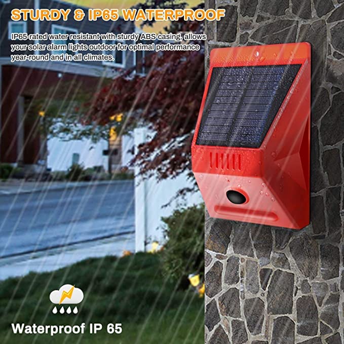 Waytronic Solar Strobe Alarm Light with Motion Detector with Remote Control IP65 Waterproof 129db Sound Security Alarm Light 24 Hours + Night Mode for Yard, Home, Farm, Villa, Barn