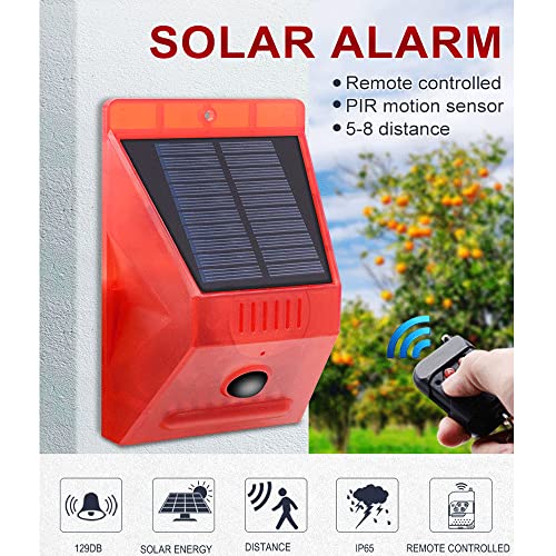 Waytronic Solar Strobe Alarm Light with Motion Detector with Remote Control IP65 Waterproof 129db Sound Security Alarm Light 24 Hours + Night Mode for Yard, Home, Farm, Villa, Barn