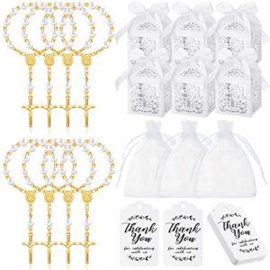 200 pcs baptism favors set, 50 pieces mini rosary 50 pieces baptism party gift wrap boxes 50 pieces organza bags with drawstring 50 pieces thank tags for baby's christening communion kitchen(gold)