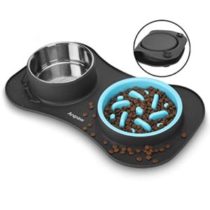 anipaw slow feeder dog bowls 3 in 1 stainless steel food and water bowls with non-spill and skid silicone mat to slow down eating for large medium small breed size dogs and cats