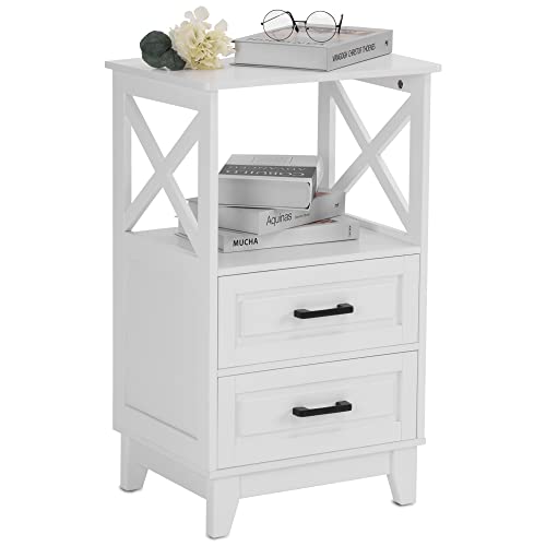 Nightstand with 2 Storage Drawers, Tall End Table with Wooden X-Design for Bedroom,Living Room White