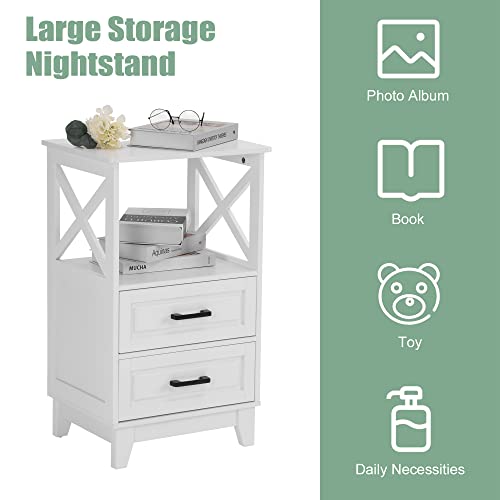 Nightstand with 2 Storage Drawers, Tall End Table with Wooden X-Design for Bedroom,Living Room White