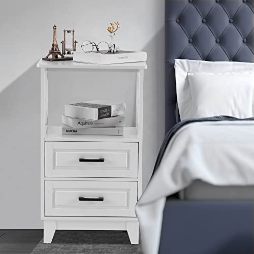 Nightstand with 2 Storage Drawers, Tall End Table with Wooden X-Design for Bedroom,Living Room White